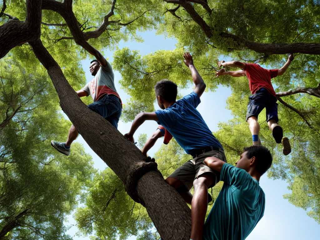 Two guys helping each other to climb a tree