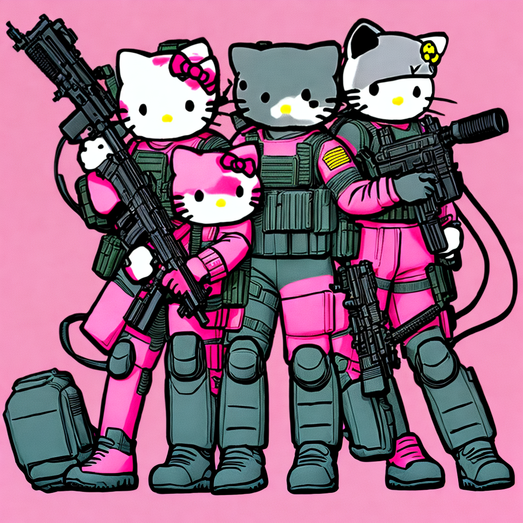 2 Tactical Hello Kitty Cats in full pink SWAT suit Standing and holding ...