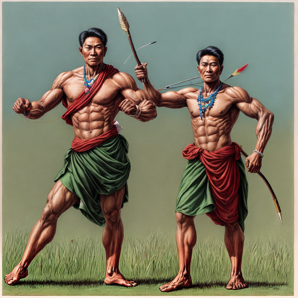 A Handsome, Muscular Ancient Myanmar National Hero With a bow and an arrow