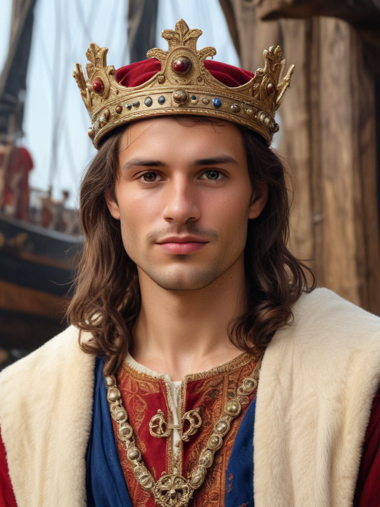 A medieval ship captain putting on a crown while looking smug