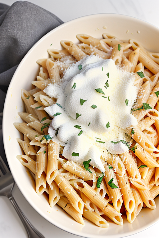 Creamy Penne Pasta Topped with Grated Cheese and Fresh Herbs Delight.