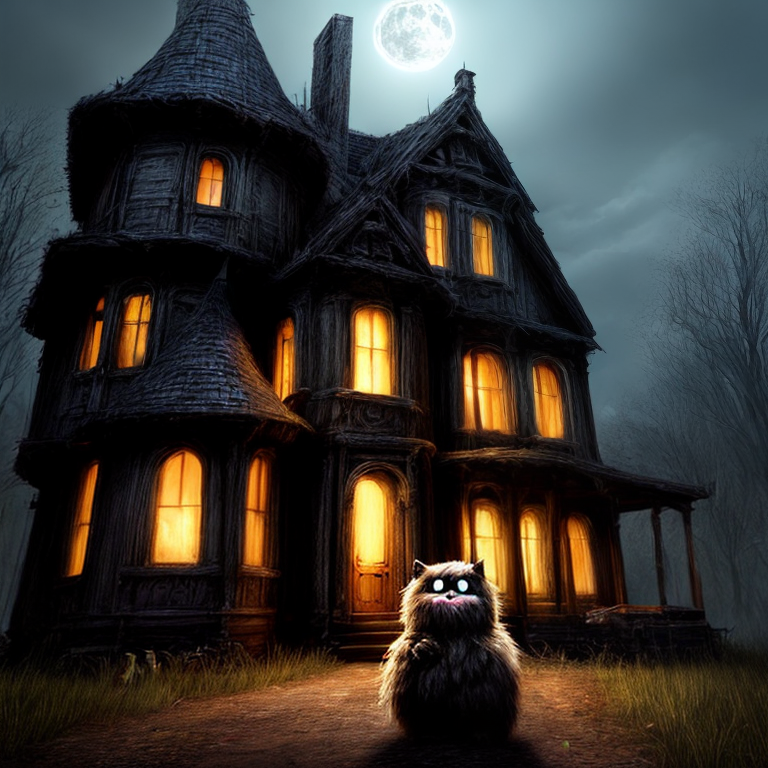 cute fluffy monster inside a haunted house