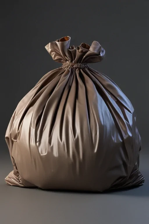 A Large, Brown Garbage Bag Tightly Sealed with a Bow on Top.