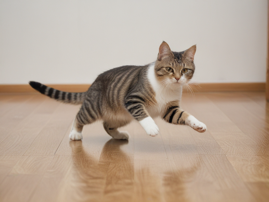 A cat on the floor an jumping on ground