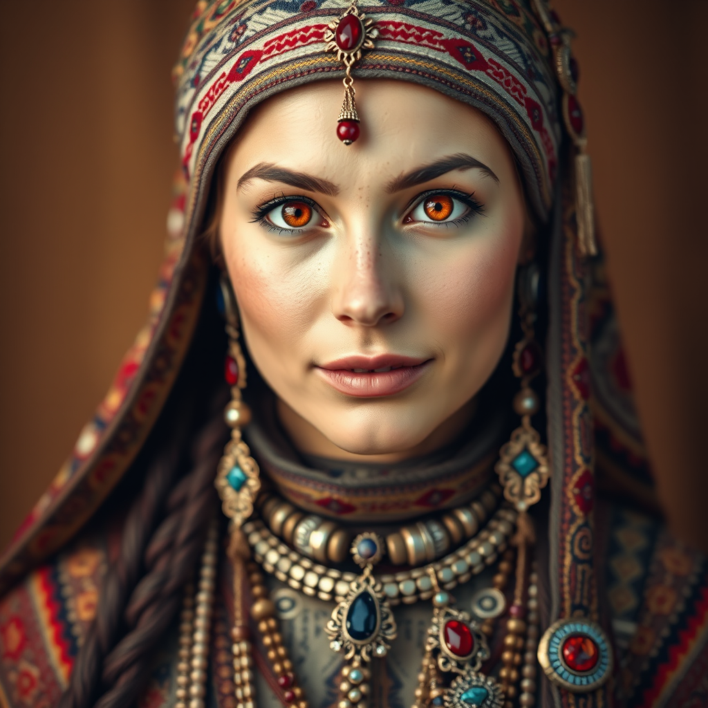 Stunning Portrait of a Woman in Traditional Ornate Costume and Jewelry