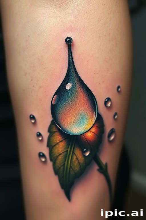 Artistic Tattoo of a Vibrant Leaf with a Realistic Water Droplet