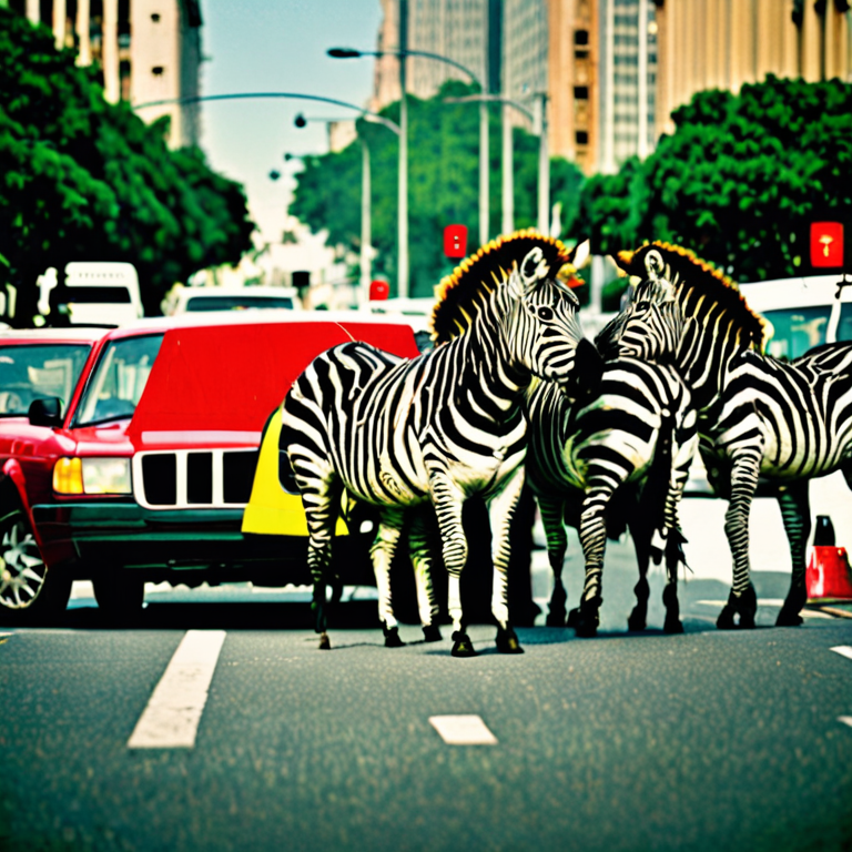 five zebras with dreadlocks in city with car traffic green yellow red ...
