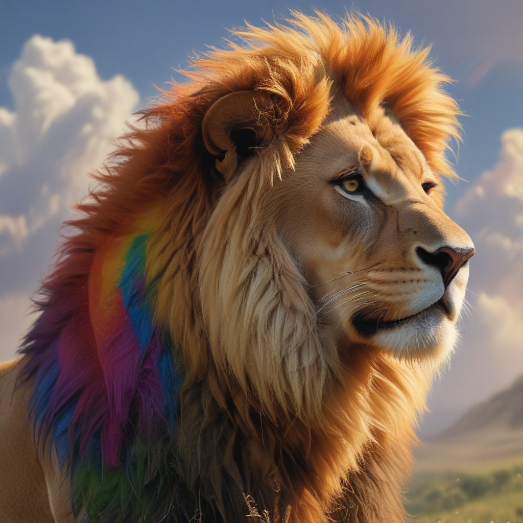 A Majestic Lion with a Colorful Rainbow Mane Stands Proudly in Nature.