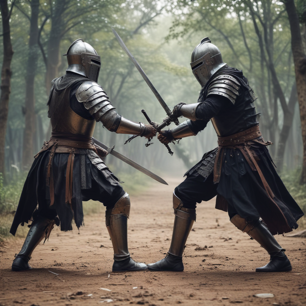 two knights fighting with swords