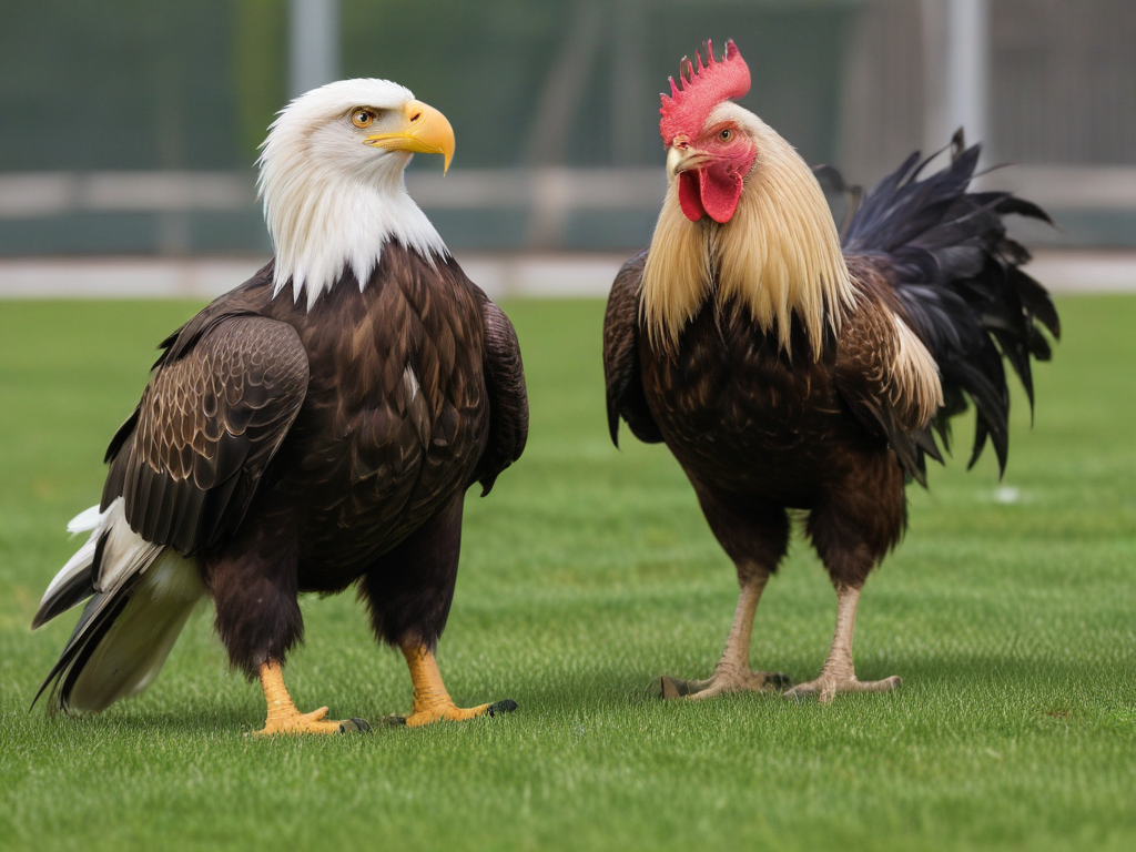 An American bald eagle and a rooster on a football field
