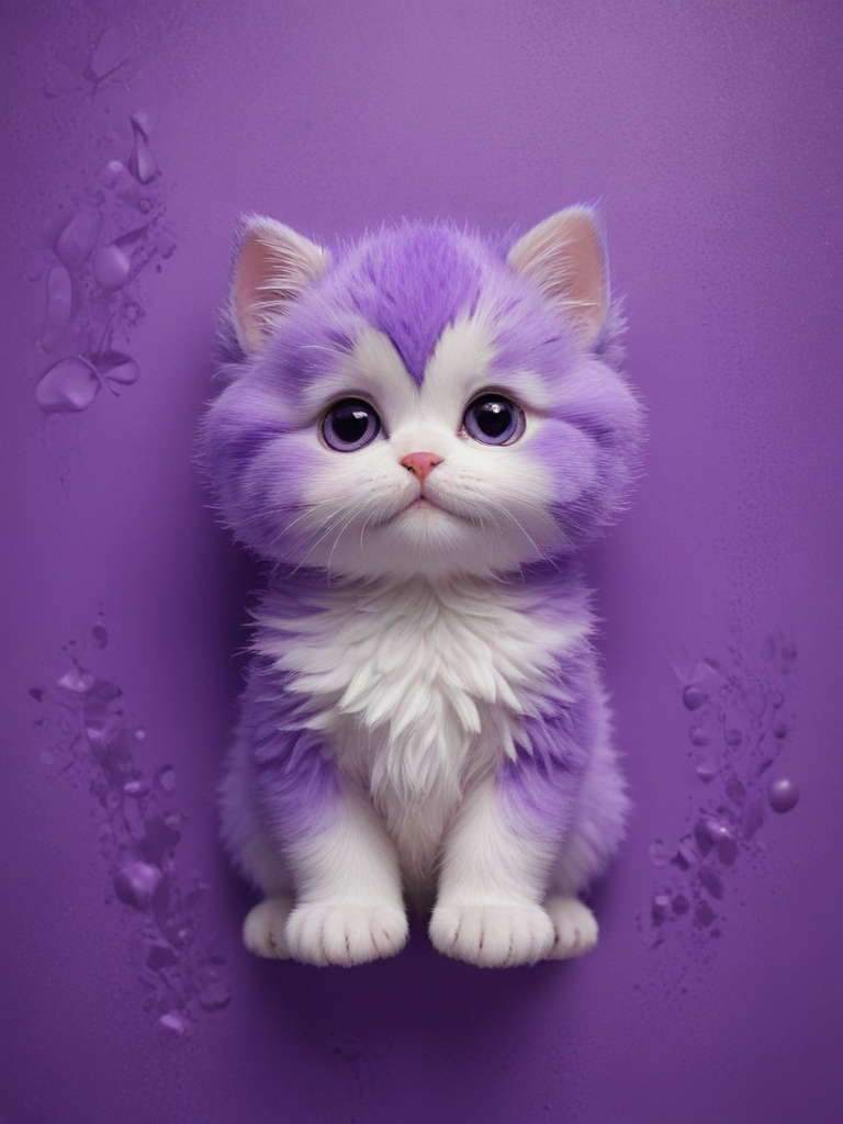 A Cute, Adorable Purple Kitten with Fluffy Fur Against a Purple Background.