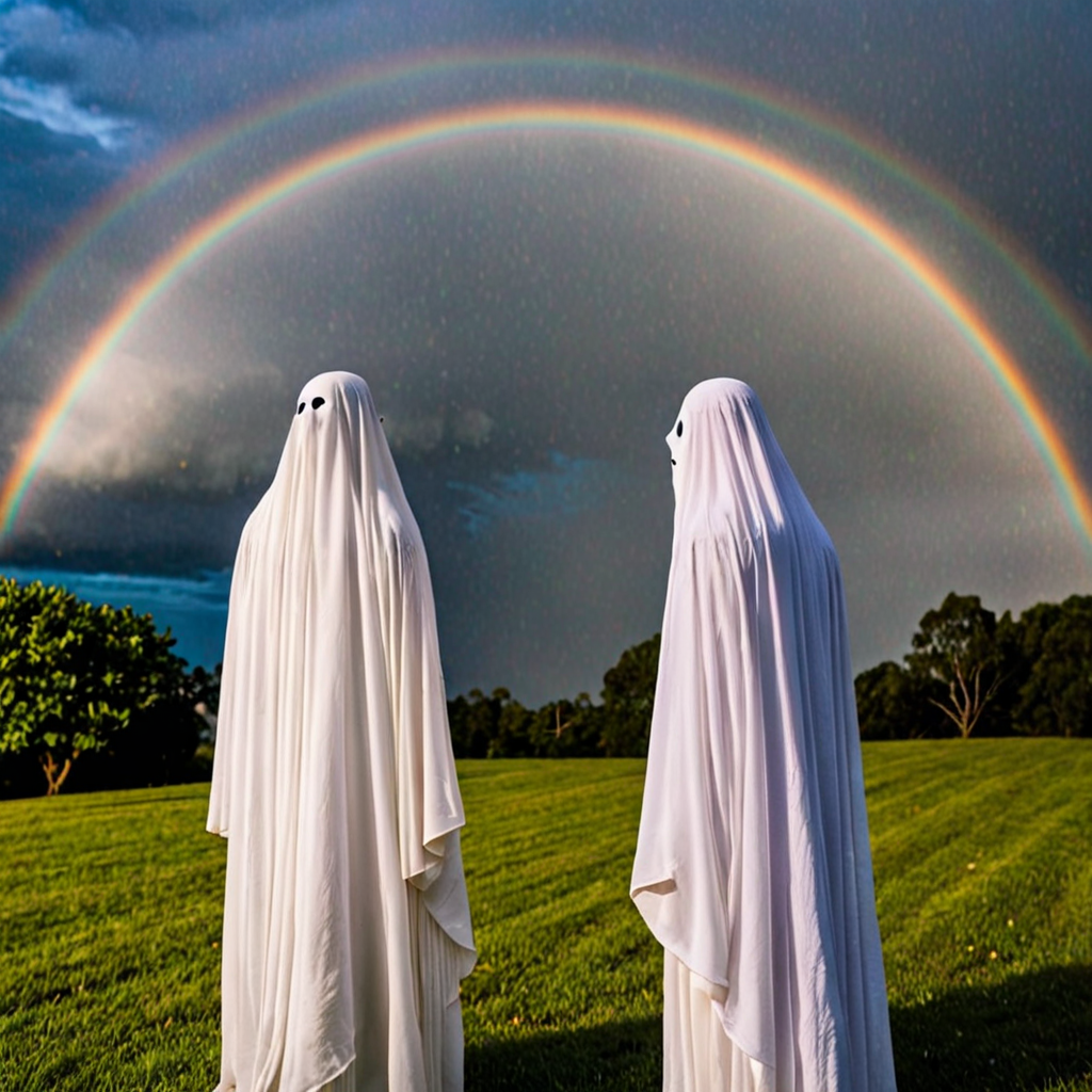 two male ghosts in love at night under a rainbow