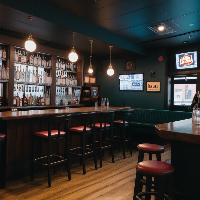 A Cozy Bar Interior Featuring Elegant Lighting and a Well-Stocked Shelf.