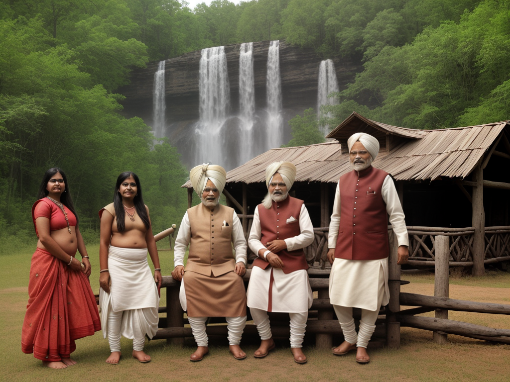 Family Gathering in Traditional Attire Near a Majestic Waterfall Setting