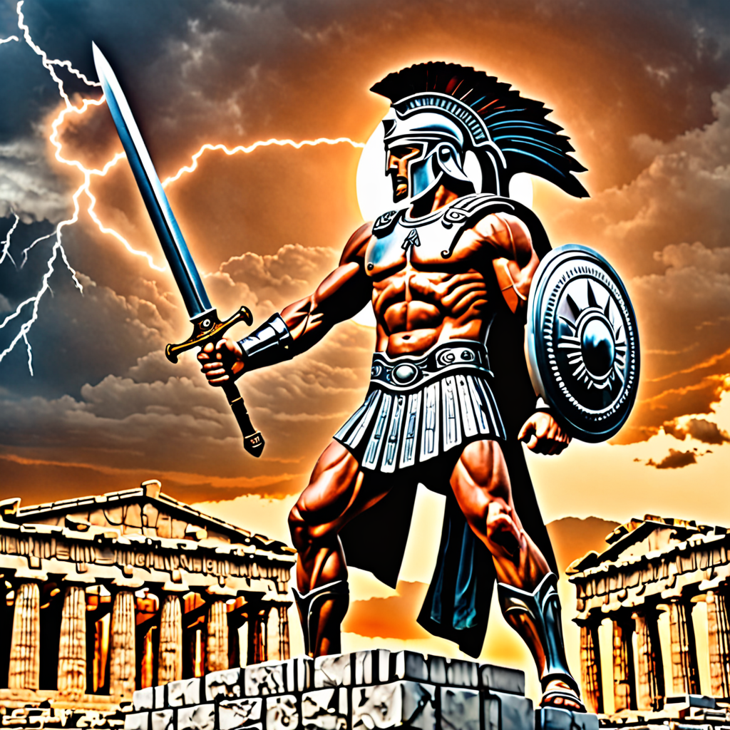 an ancient spartan warrior with a sword and a shield anf the Parthenon ...