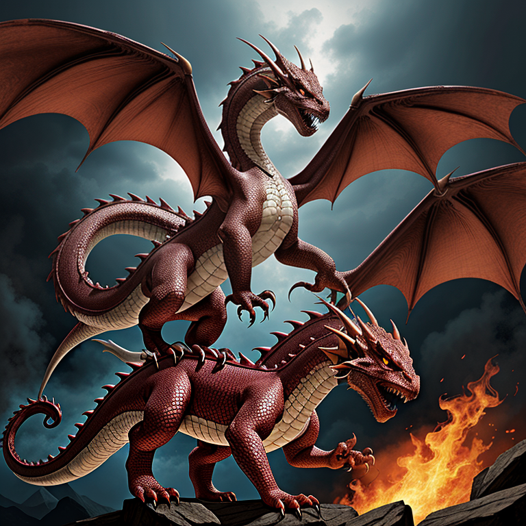 Majestic Red Dragons Soaring Over a Fiery Mountain Landscape at Dusk