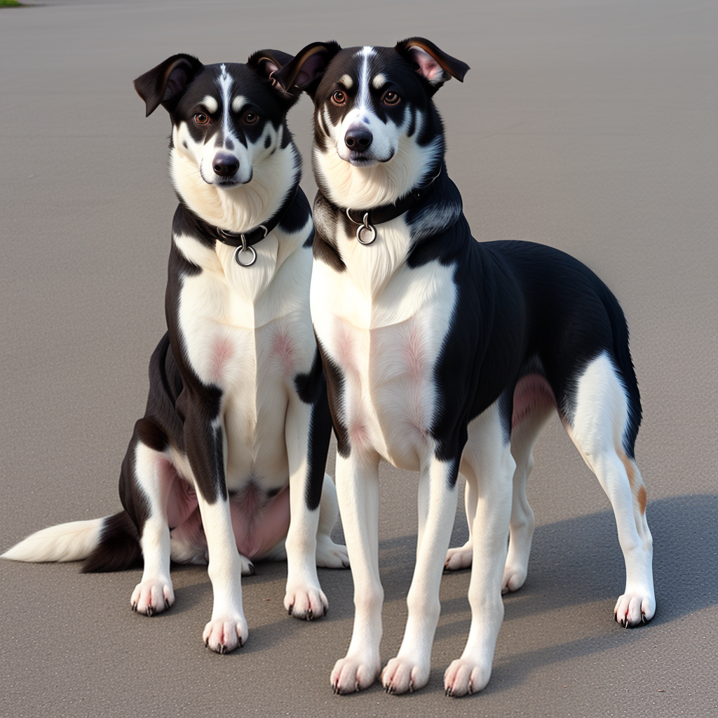 Two Playful Dogs Sitting Together on a Smooth Outdoor Surface.
