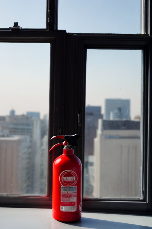 a fire extinguisher standing on the window sill