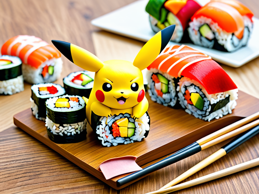 Pikachu sushi with tail coming out of maki roll
