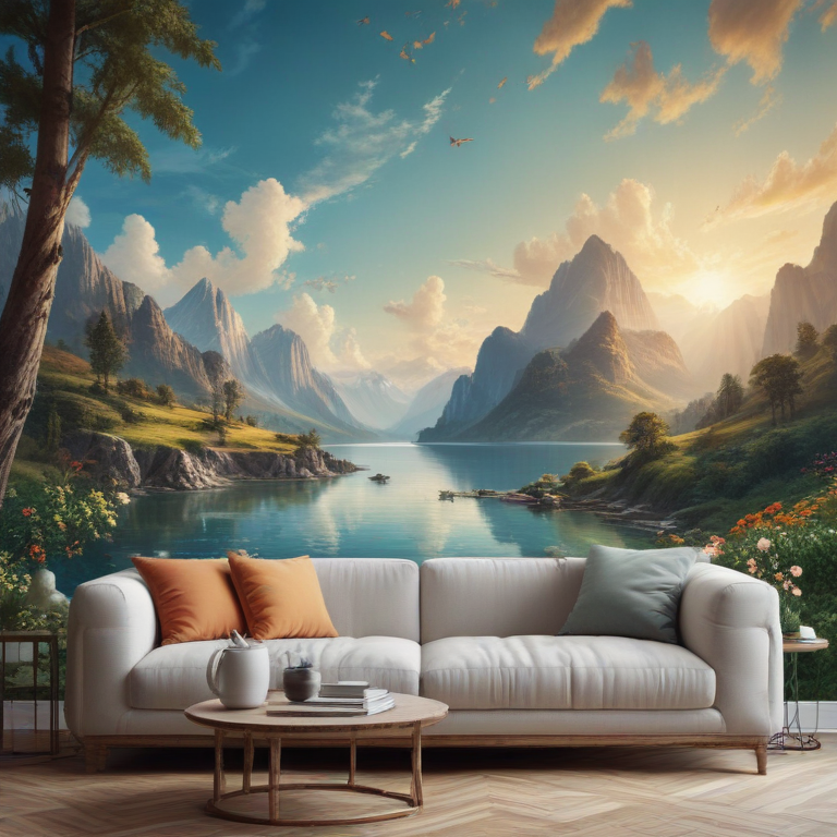 Tranquil Living Room with Stunning Mountain Landscape Mural and Cozy Decor