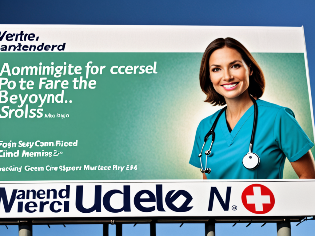 A PICTURE OF A NURSE ON A BILLBOARD AD THAT SAYS BEYOND CARE SCRUBS