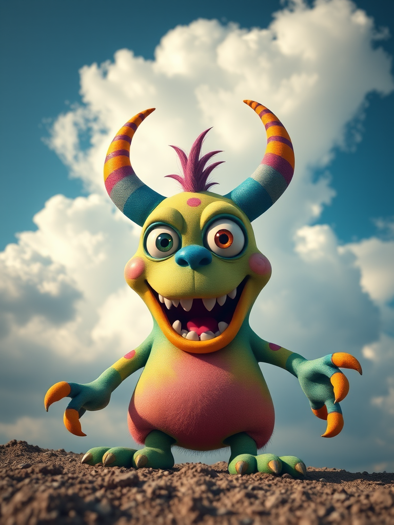 Colorful and Playful Cartoon Monster with Horns and a Big Smile