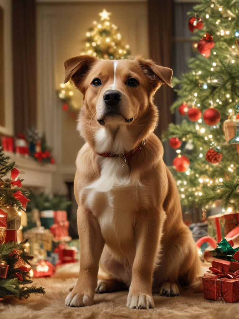 Adorable Dog Posing Cheerfully Amidst Christmas Decorations and Gifts