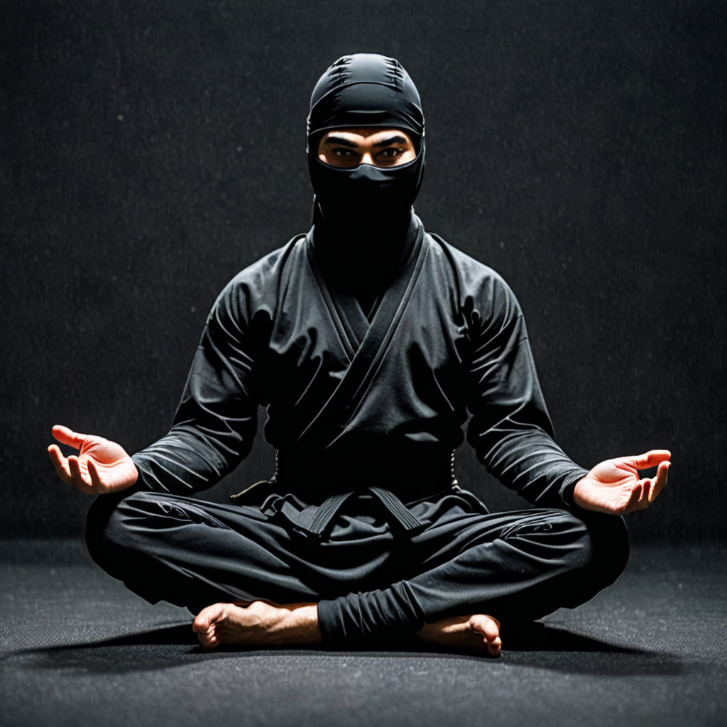 a ninja floating in black space while sitting with legs crossed meditating
