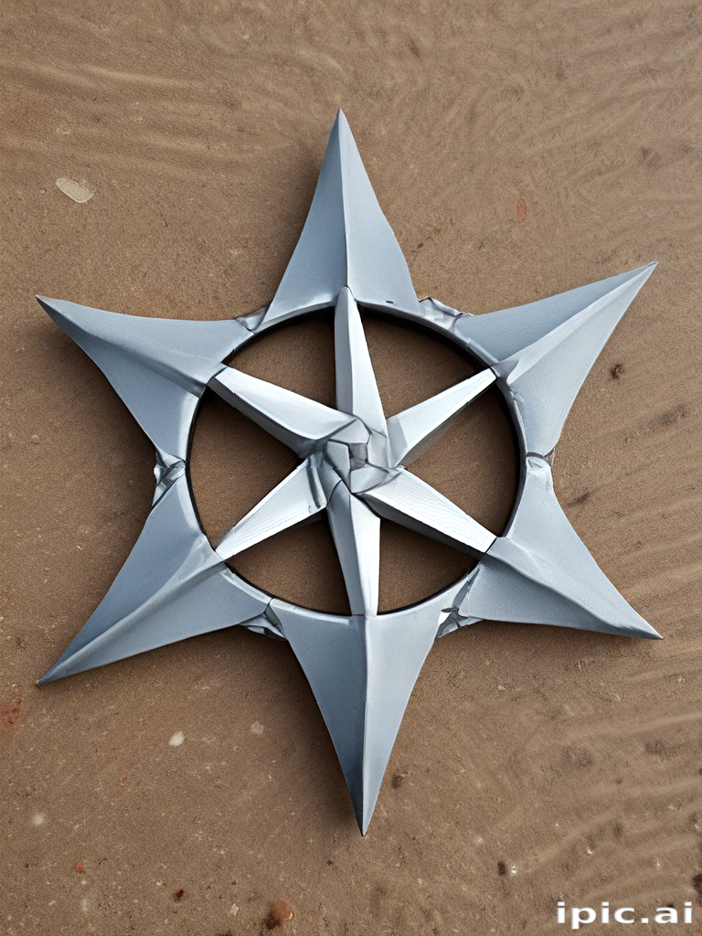 Intricate Silver Star Design with Sharp Points on Sandy Background