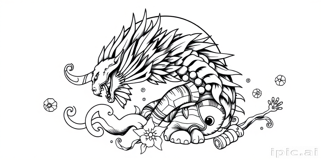 Intricate Line Art of a Mythical Creature with Floral Elements and Details