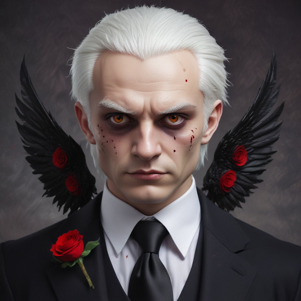 a beelzebub profile picture of a villainous man with white hair, white ...