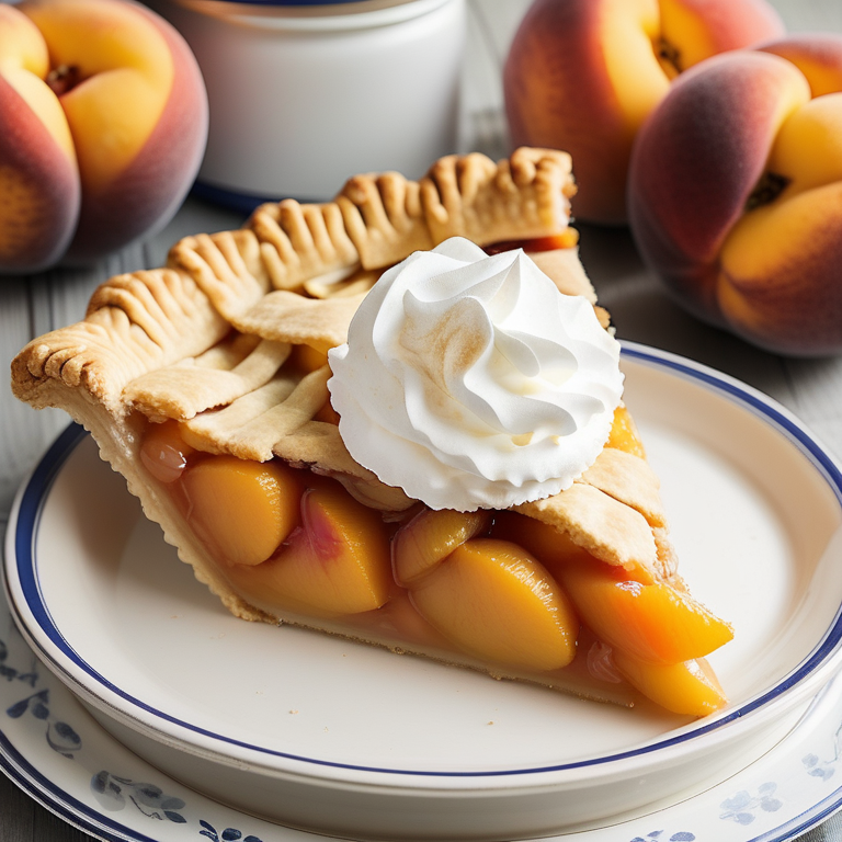 Delicious Homemade Peach Pie Slice Topped with Whipped Cream and Fresh ...