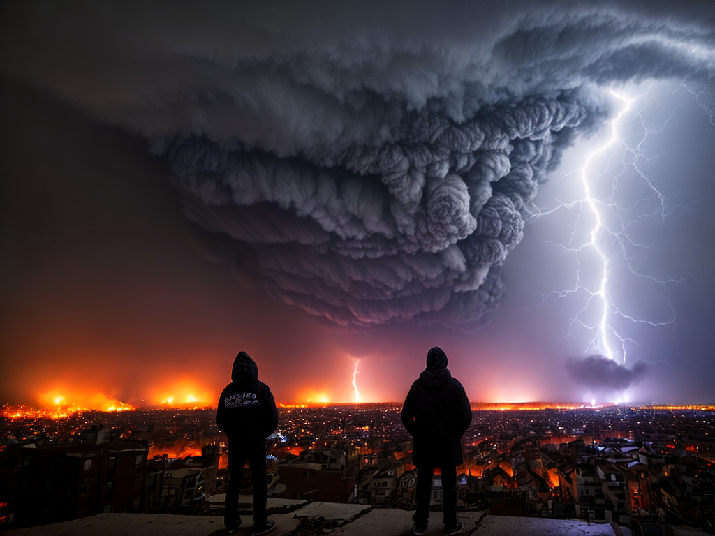 a destroyed city is engulfed in flames with explosions and lightning ...