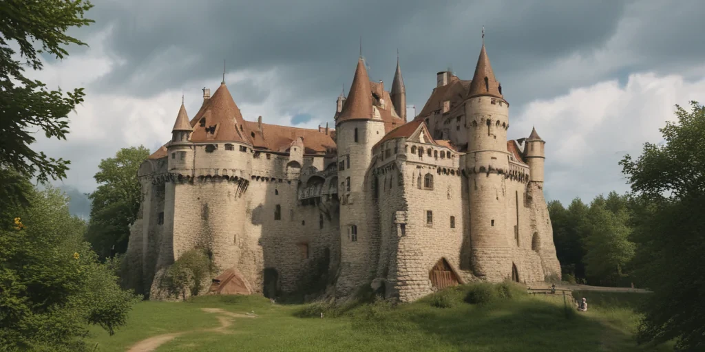 A Majestic Medieval Castle Surrounded by Lush Greenery and Dramatic Skies
