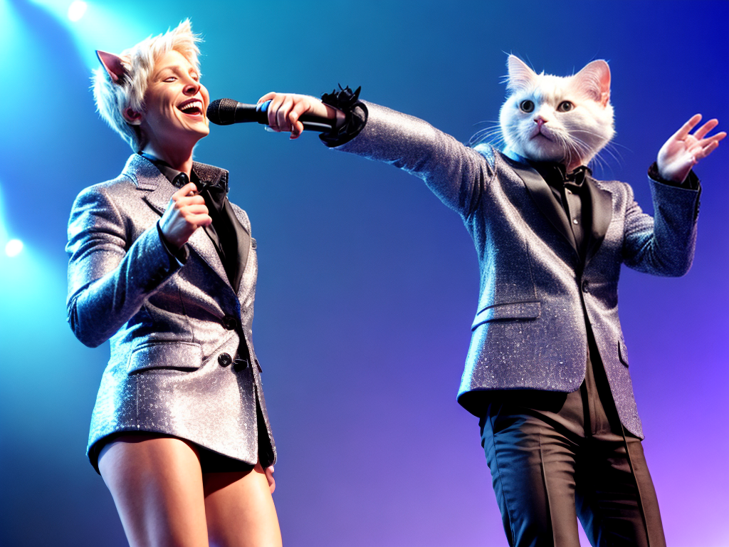 white cat in a shiny jacket singing into a microphone on a stage