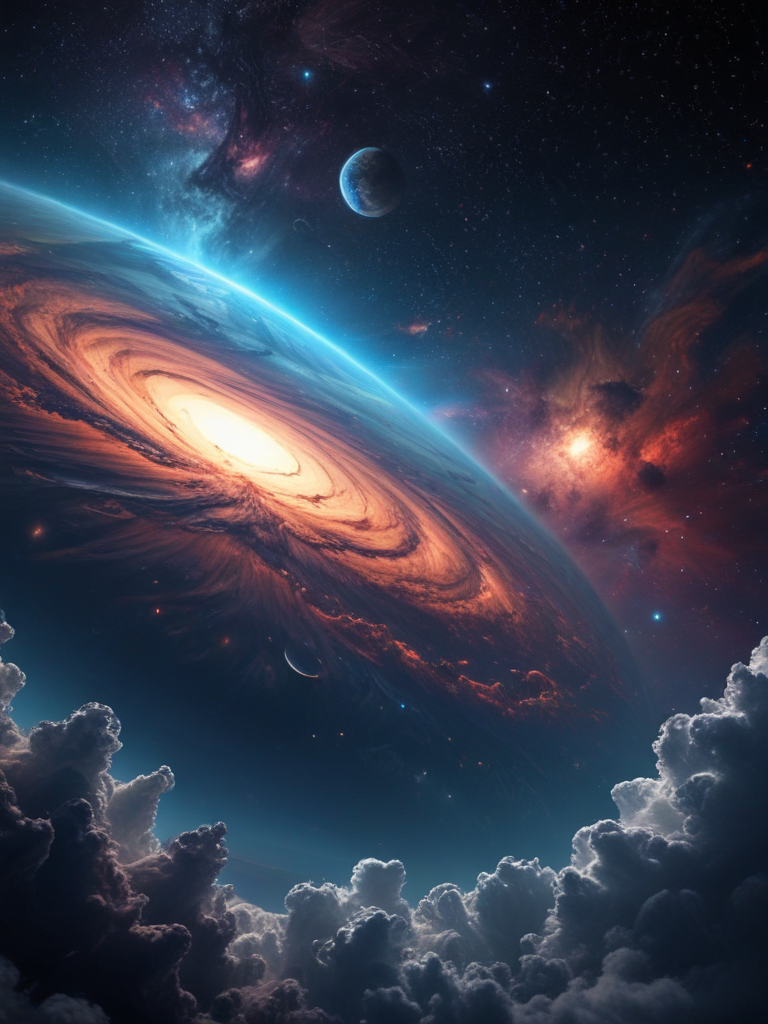 Majestic Cosmic Scene Featuring a Swirling Galaxy and Distant Celestial ...