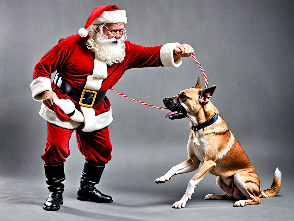 Santa Claus fighting with the dog