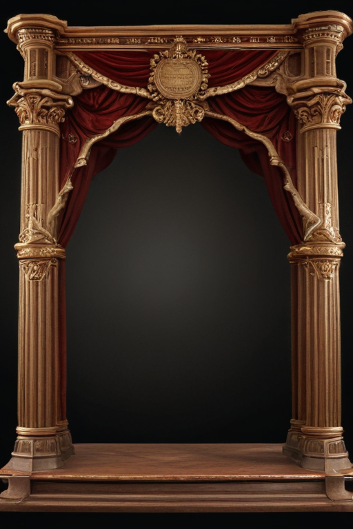 Ornate Theater Stage with Elegant Columns and Rich Red Drapery Design