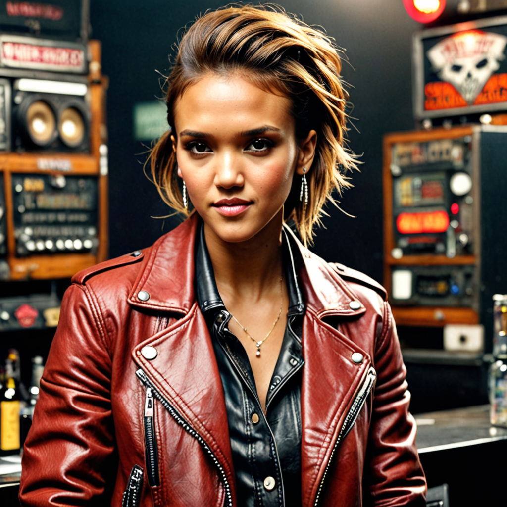 Jessica Alba at a punk rock music club, mohawk, jacket, realistic