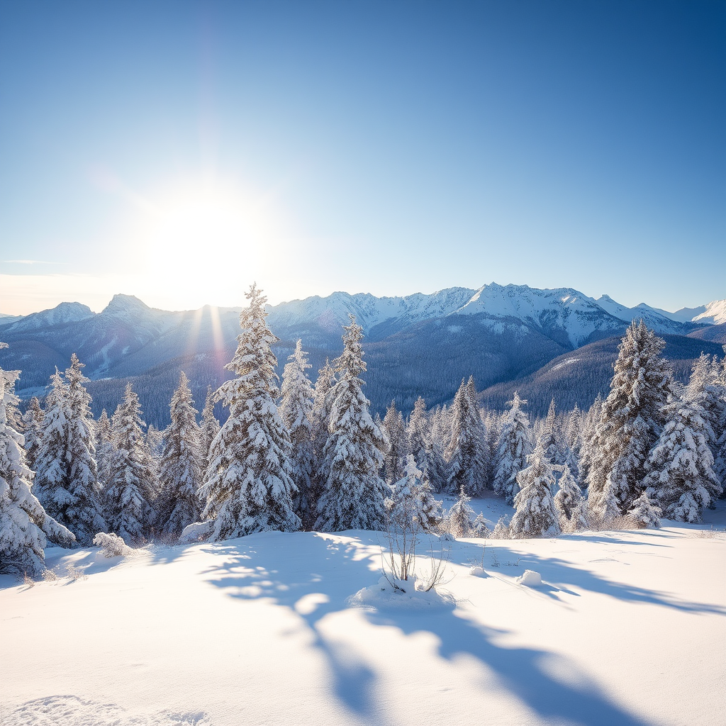 winter landscape with snow-covered trees and mountains under a bright ...