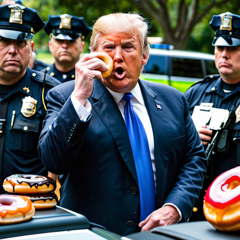 Donald Trump eating a donut in front of angry cops