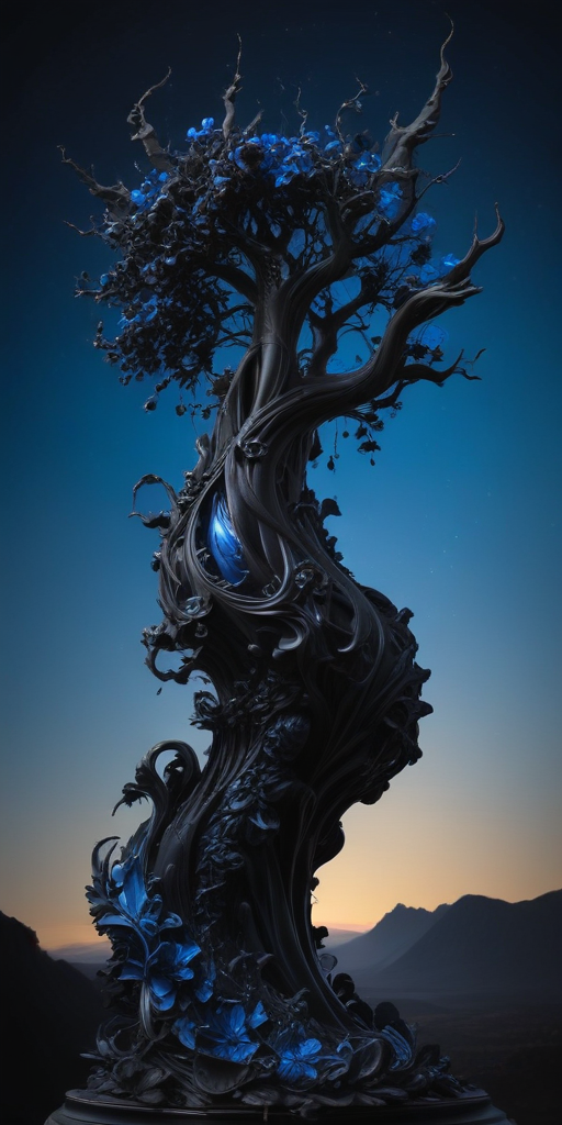 Majestic Blue Tree Sculpture Against a Serene Twilight Landscape Background