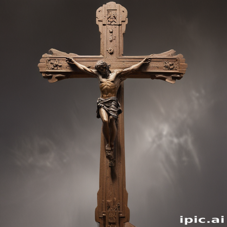 A Detailed Wooden Sculpture Depicting the Crucifixion of Jesus Christ.