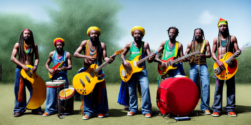 rastafarians in a band playing reggae with sound system photorealistic