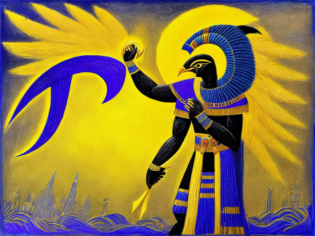 Egyptian god Horus, yellow great sword, purple fire background