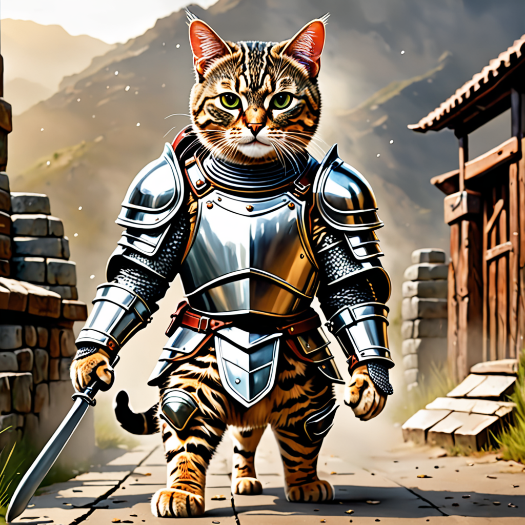 a masterpiece illustration of a cat equipping with heavy armor outfit ...
