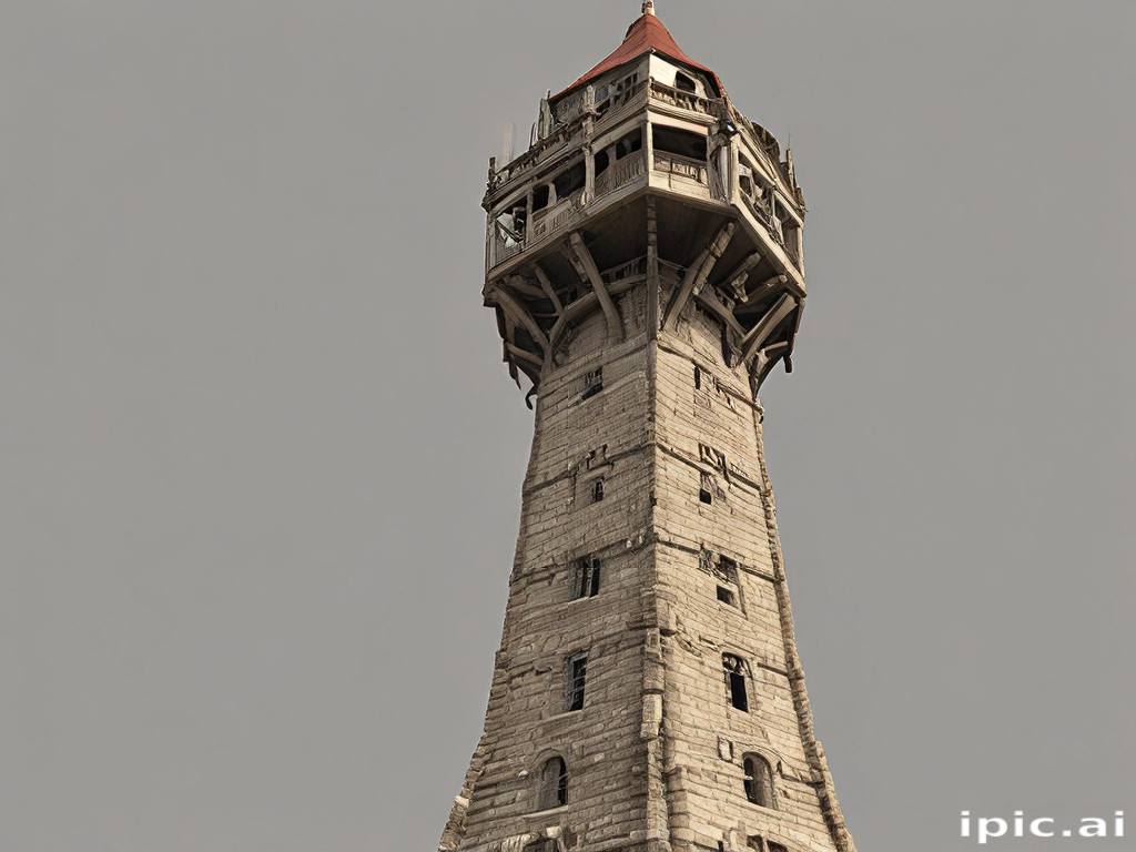 Imposing Historic Tower with Distinctive Red Roof Against a Grey Sky