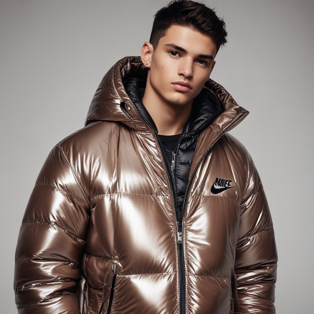 Male supermodel nike shiny puffer jacket bling jewellery hood basketball