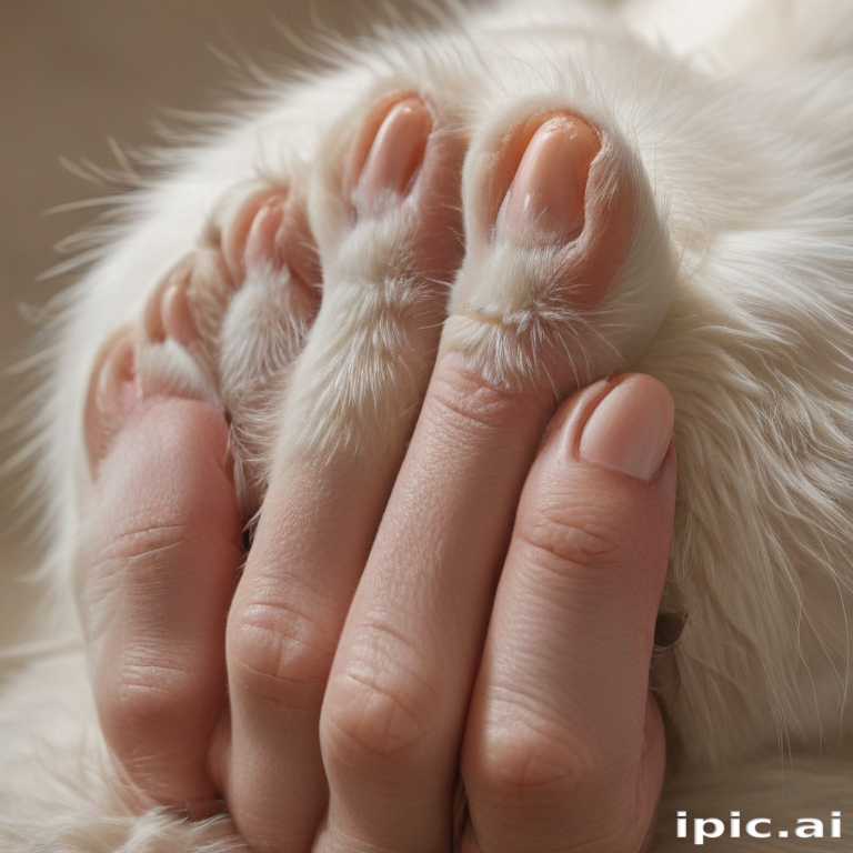 Soft and Gentle Touch: A Hand Holding a Fluffy Paw