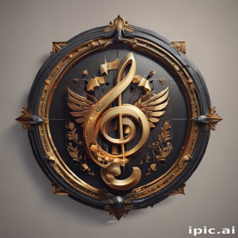Elegant Golden Musical Note Emblem with Wings and Decorative Elements